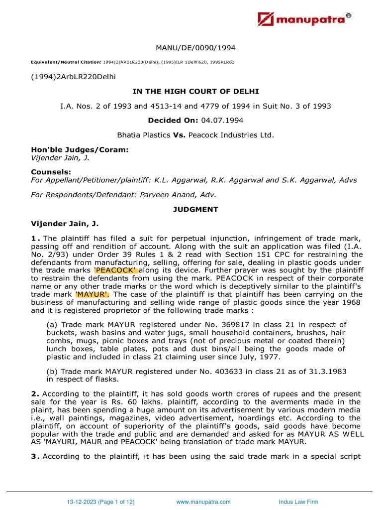 Bhatia Plastics vs. Peacock Industries Case | PDF | Trademark | Injunction