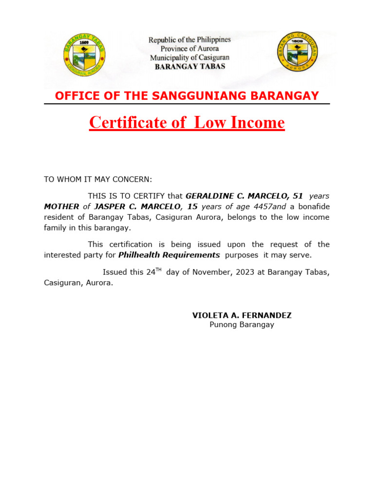 Barangay Low Income Certification Sample | PDF