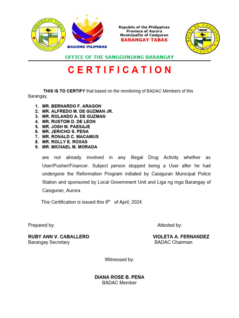 Barangay Certification on Drug Activity | PDF