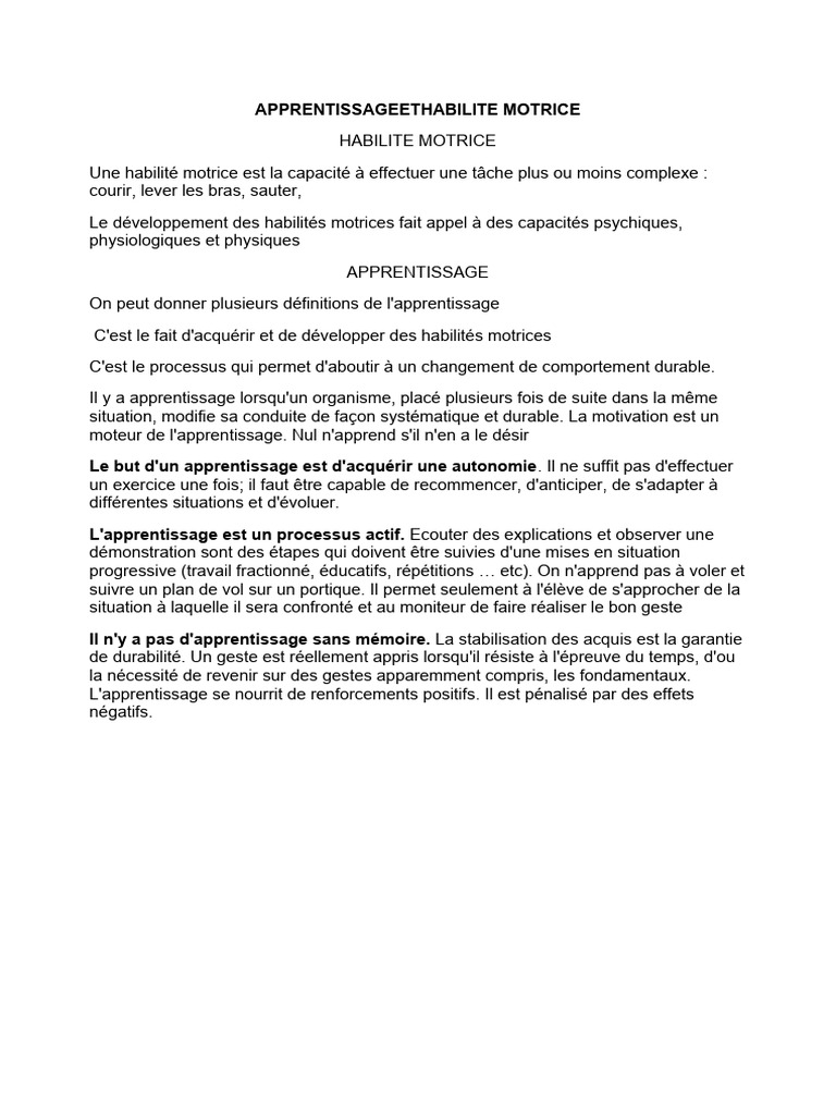 Apprentissage des habilités motrices | PDF