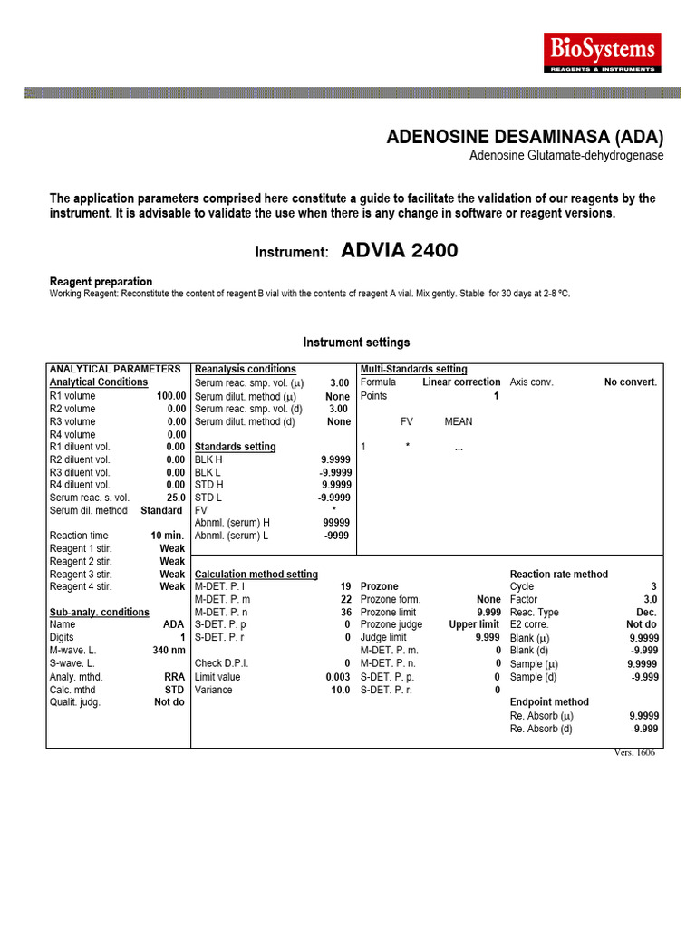 Adenosine Desaminasa (Ada) : ADVIA 2400 | PDF