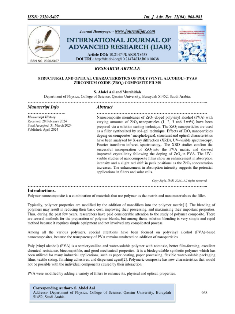 Structural and Optical Characteristics of Poly (Vinyl Alcohol) (Pva ...