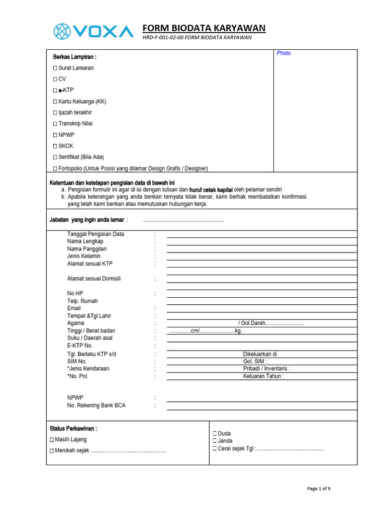 HRD-F-001-02-00 Voxa FORM BIODATA KARYAWAN | PDF