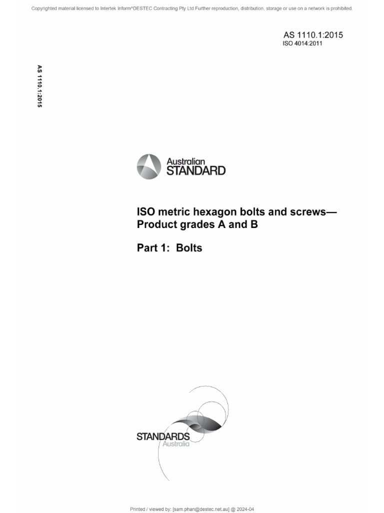 AS 1110.1-2015 ISO Metric Hexagon Bolts and Screws - Product Grades A ...