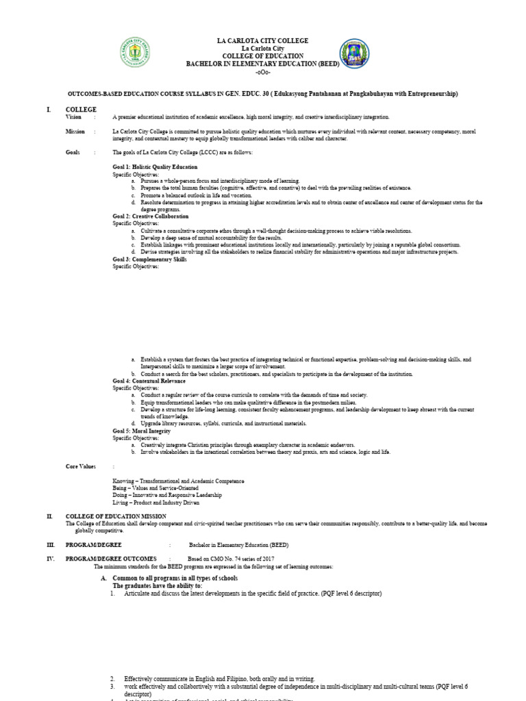 BEED Course Syllabus: Gen. Educ. 30 | PDF | Learning | Pedagogy