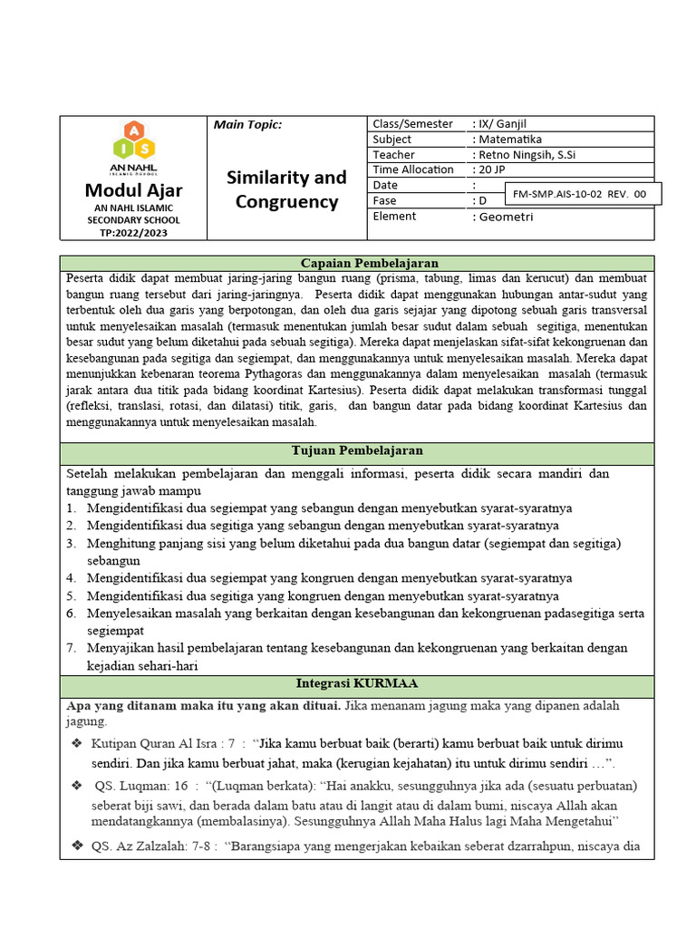 Modul Ajar Math 9 - Kesebangunan | PDF