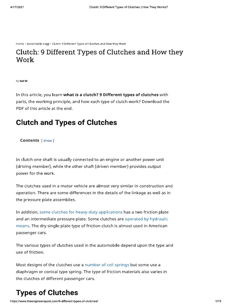 Different Types of Clutches Const Working | PDF