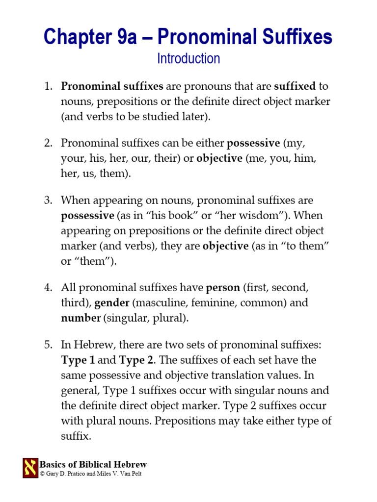 Hebrew Pronominal Suffixes Guide | PDF | Plural | Pronoun