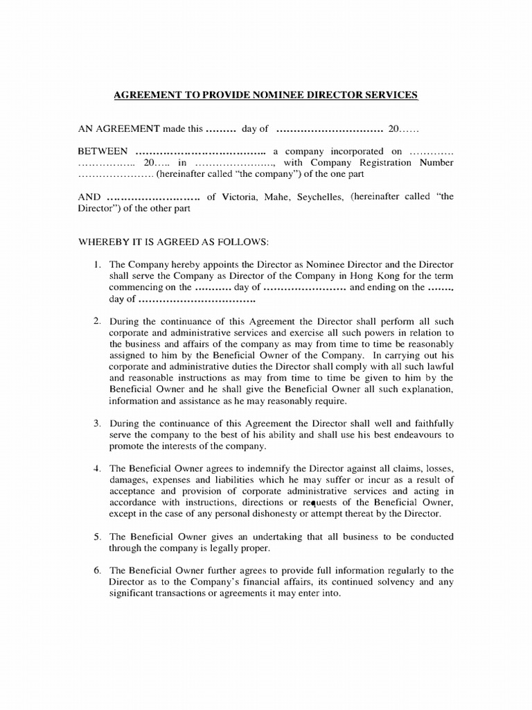 Nominee Director Agreement | PDF | Business | Justice