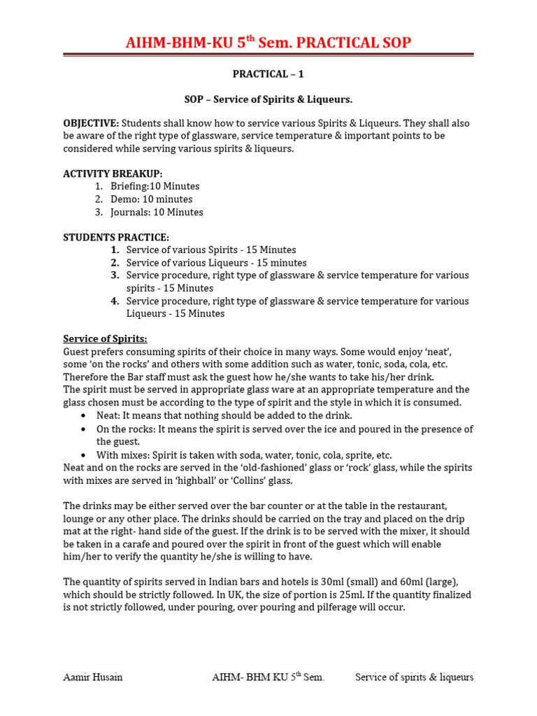 Practical 01 - Service of Spirits & Liqueurs. | PDF | Gin | Soft Drink