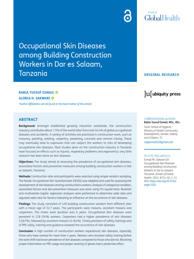 Occupational Skin Diseases in Tanzanian Construction Workers | PDF ...