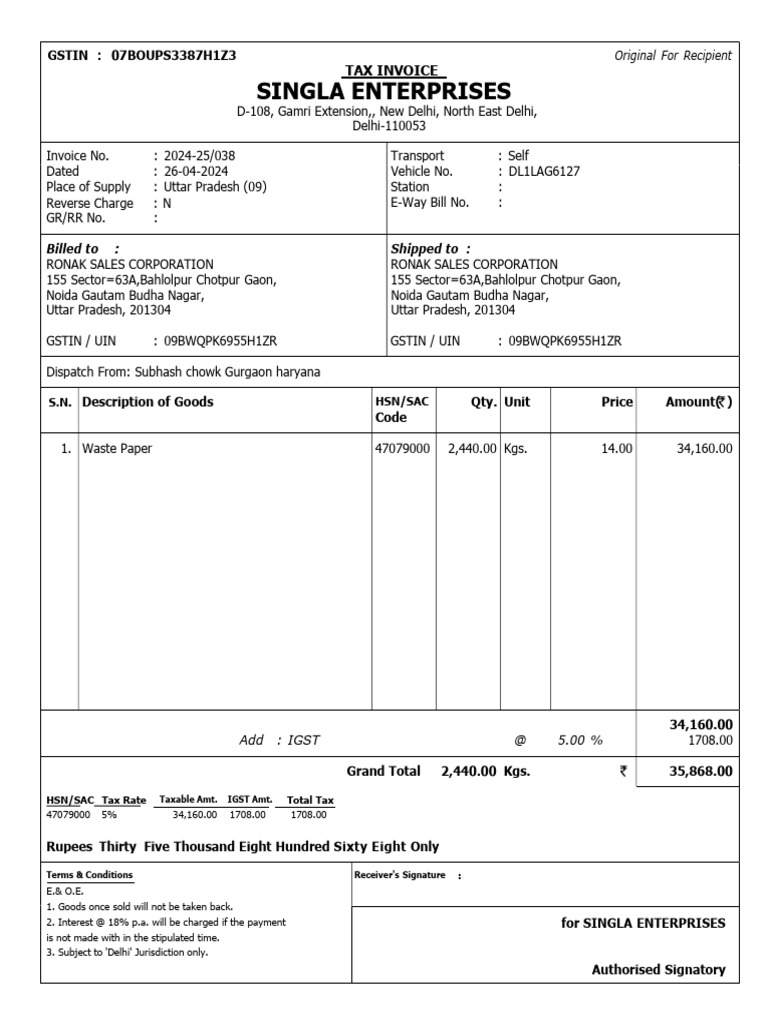 Singla Enterprises: Original For Recipient | PDF | Government Finances | Taxes