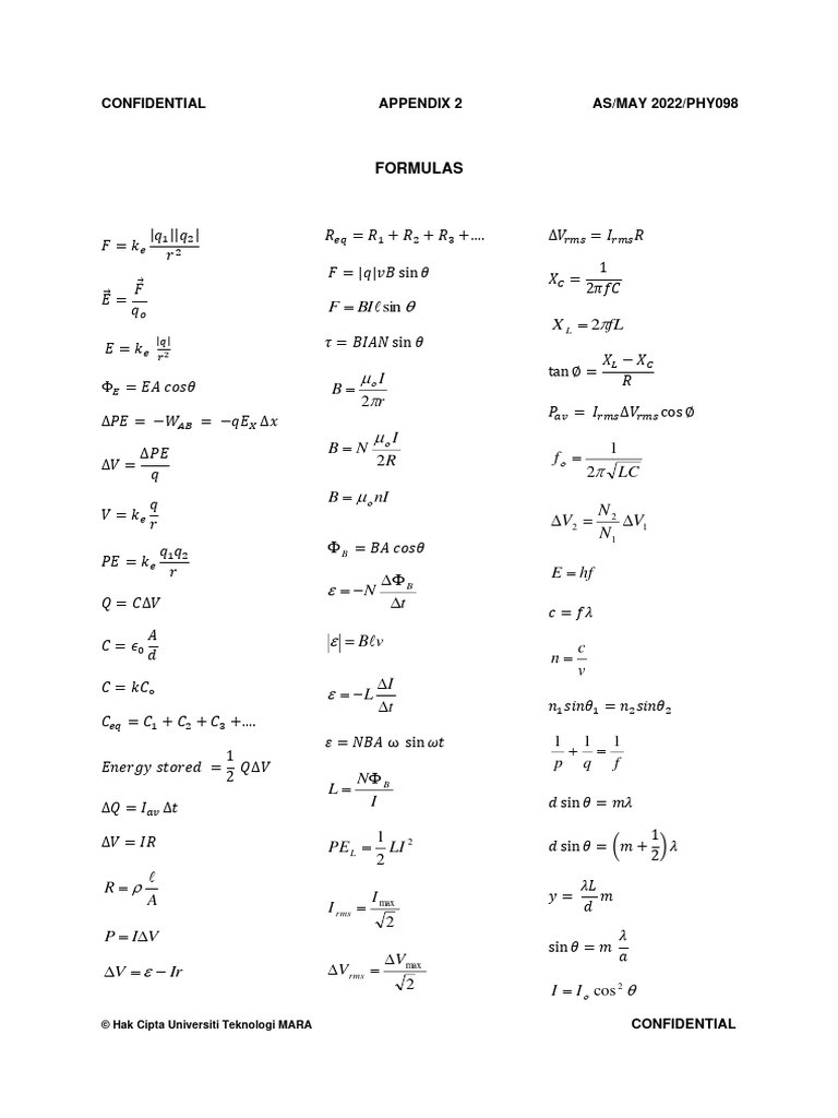 Appendix 2 - Formulas PHY098 - FinalsMay2022 | PDF