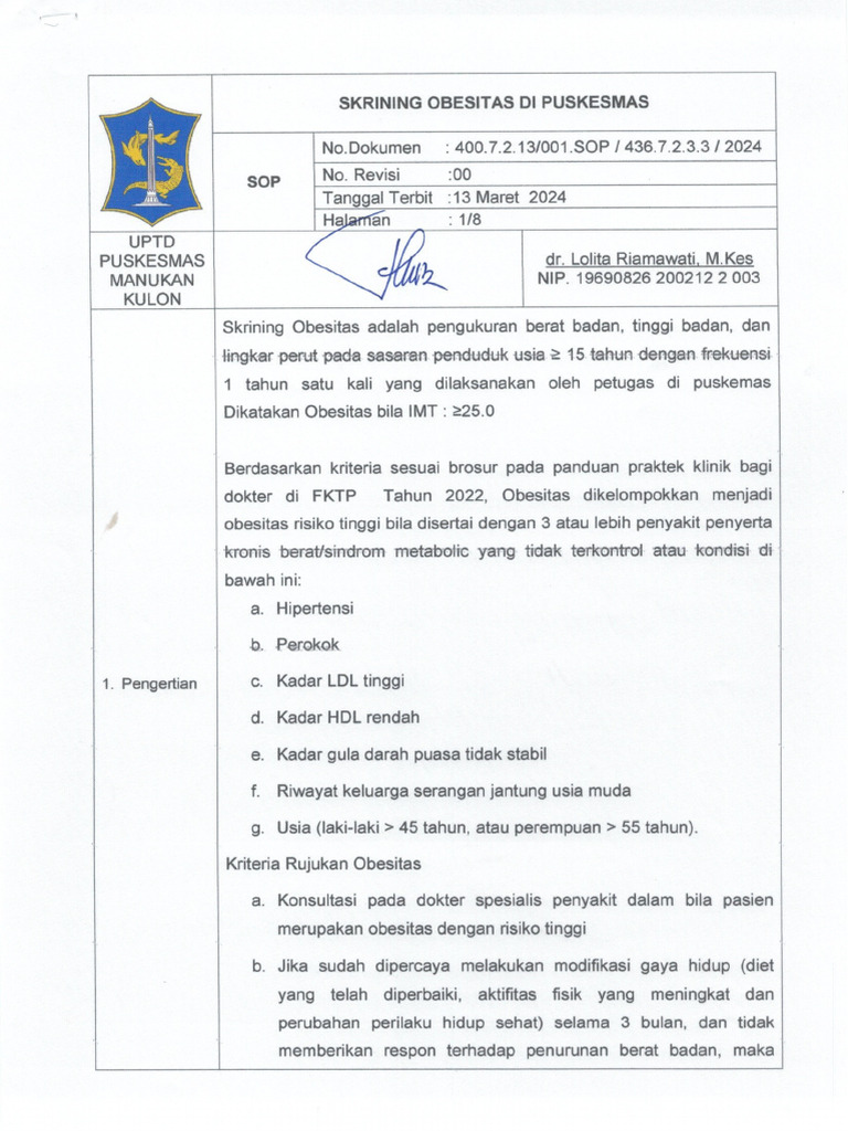 SOP Skrining Obesitas Di Puskesmas (M-001-2024-MK) | PDF