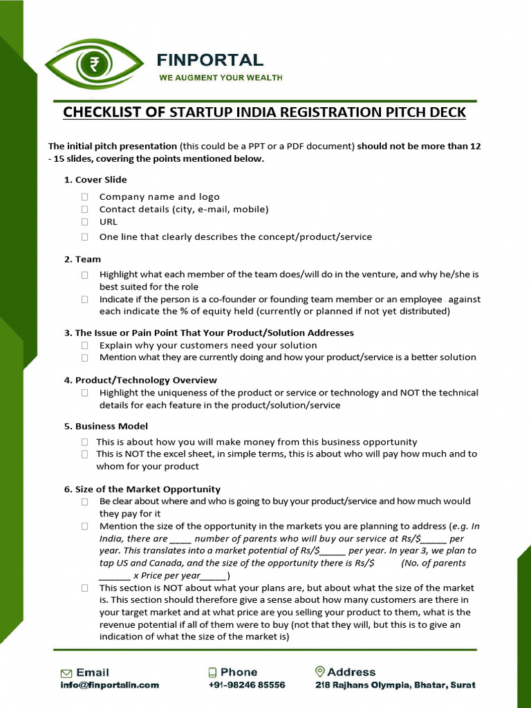 Startup India Pitch Deck Checklist | PDF | Investing | Valuation (Finance)