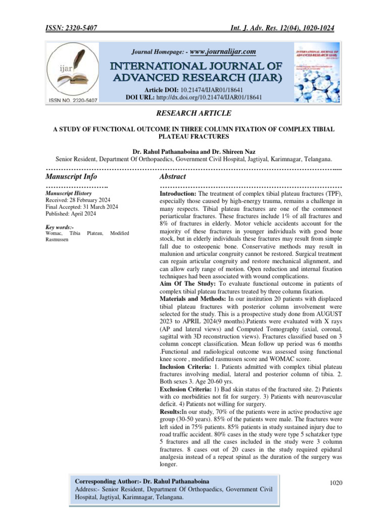 A Study of Functional Outcome in Three Column Fixation of Complex ...