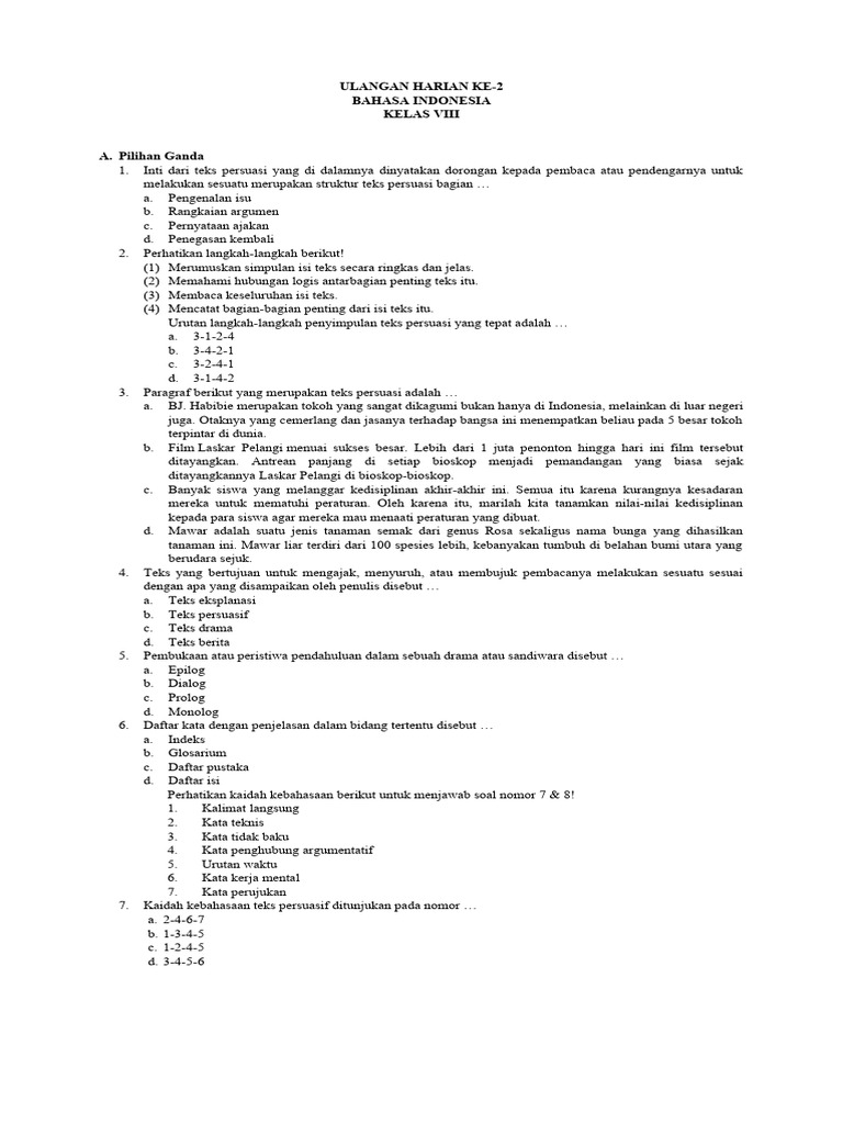 Soal Uh Ke-2 Bindo KLS 8 SMT 2 2018-2019 | PDF