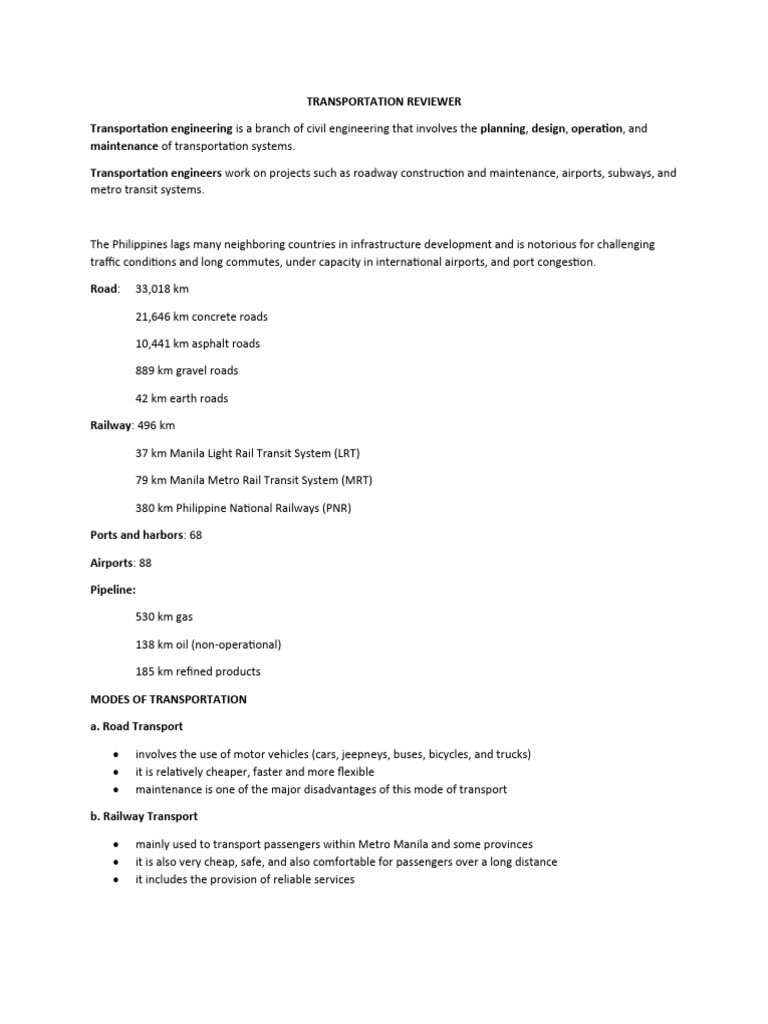 Transportation Reviewer | PDF | Transport | Road