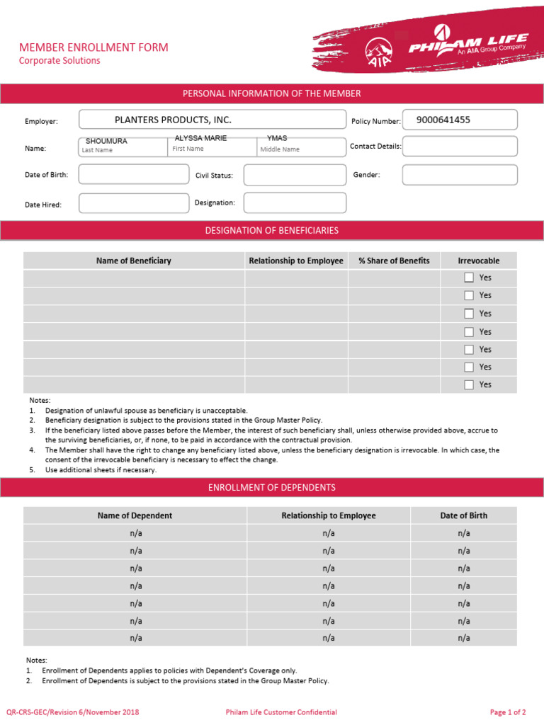 PAL Standard Enrollment Form EEG - Nov2018 (Final No Dependent) | PDF ...