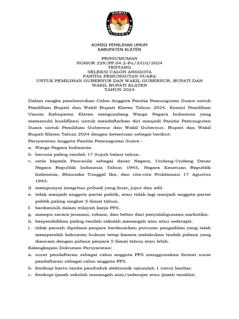 Pengumuman Pendaftaran PPS Pilkada 2024 | PDF | Politik | Hukum