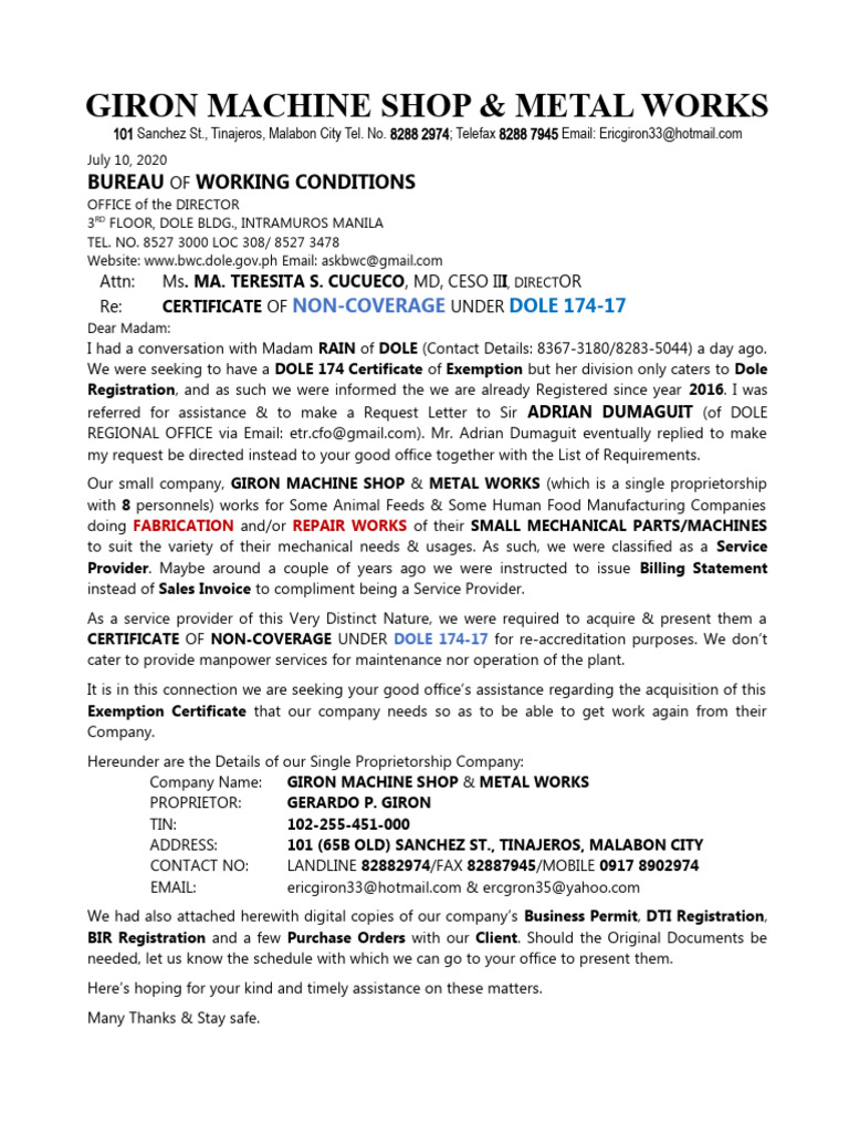 Request Letter For Dole 174 - 17 Non Coverage 071020 | PDF