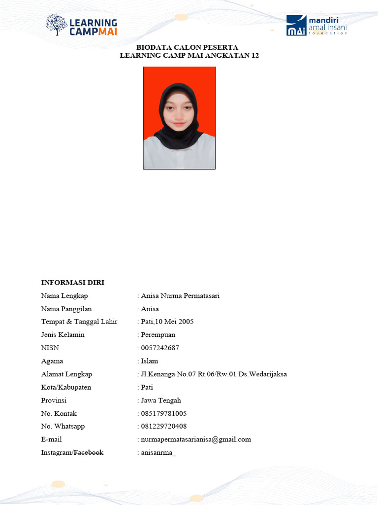 Biodata Calon LC Anisa Nurma | PDF