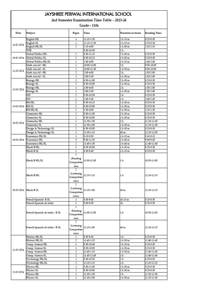 11th Time Table Students - 2023 - 2024 | PDF | Educational Stages ...