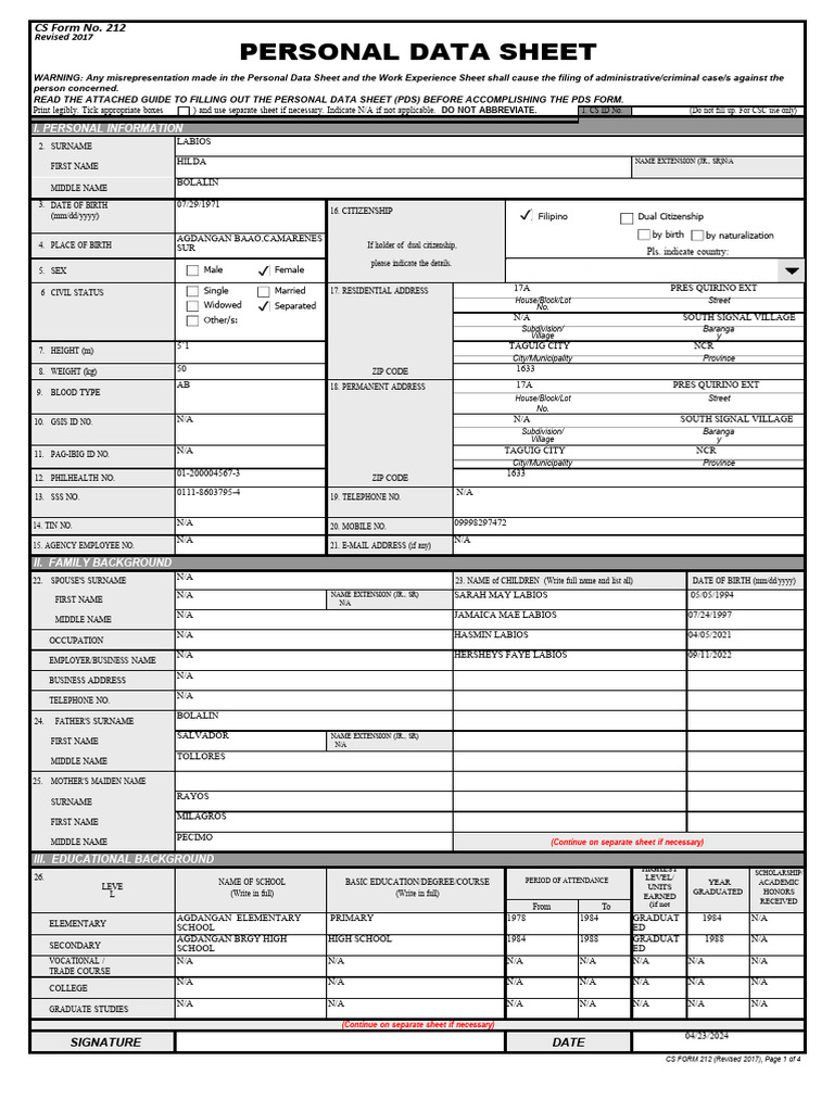 Personal Data Sheet CS Form No. 212 Revised 2017 | PDF | Government