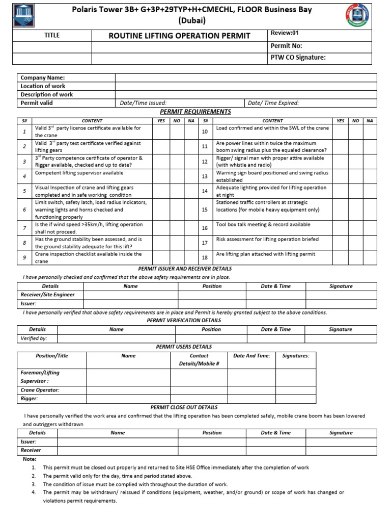 Routine Lifting Operational Permit | PDF | Crane (Machine)