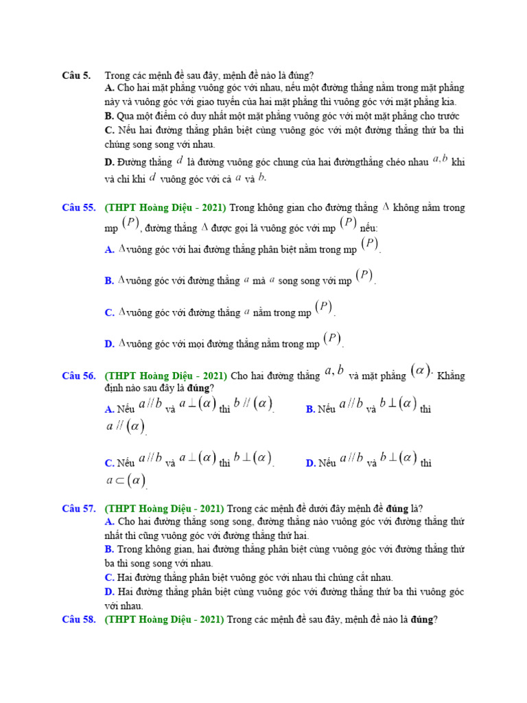 Trac Nghiem Ly Thuyet Hinh Hoc Khong Gian | PDF