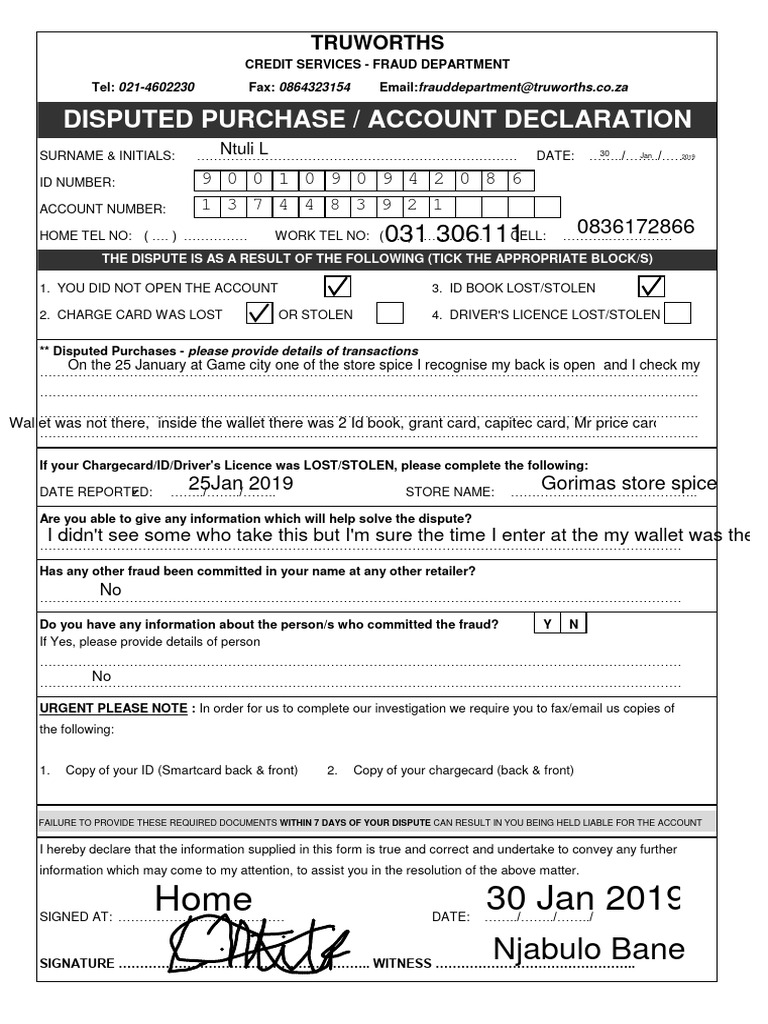 Dispute Declaration Form for Fraud | PDF | Banking Technology