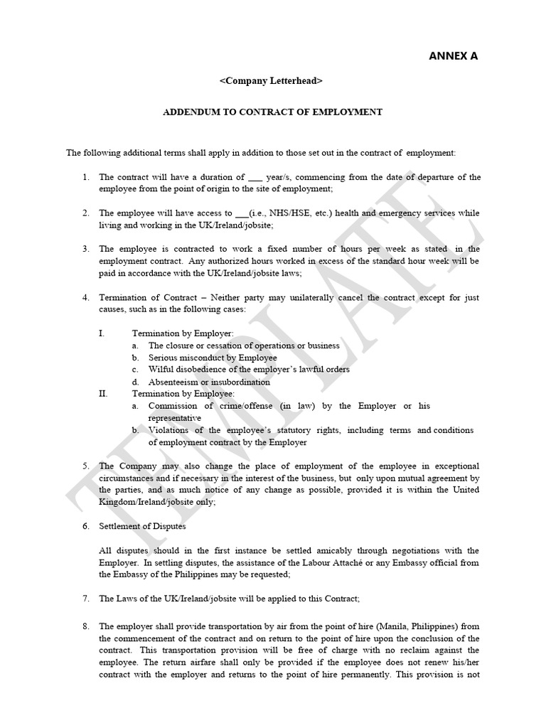 ADDENDUM TO CONTRACT OF EMPLOYMENT | PDF | Employment | Economies
