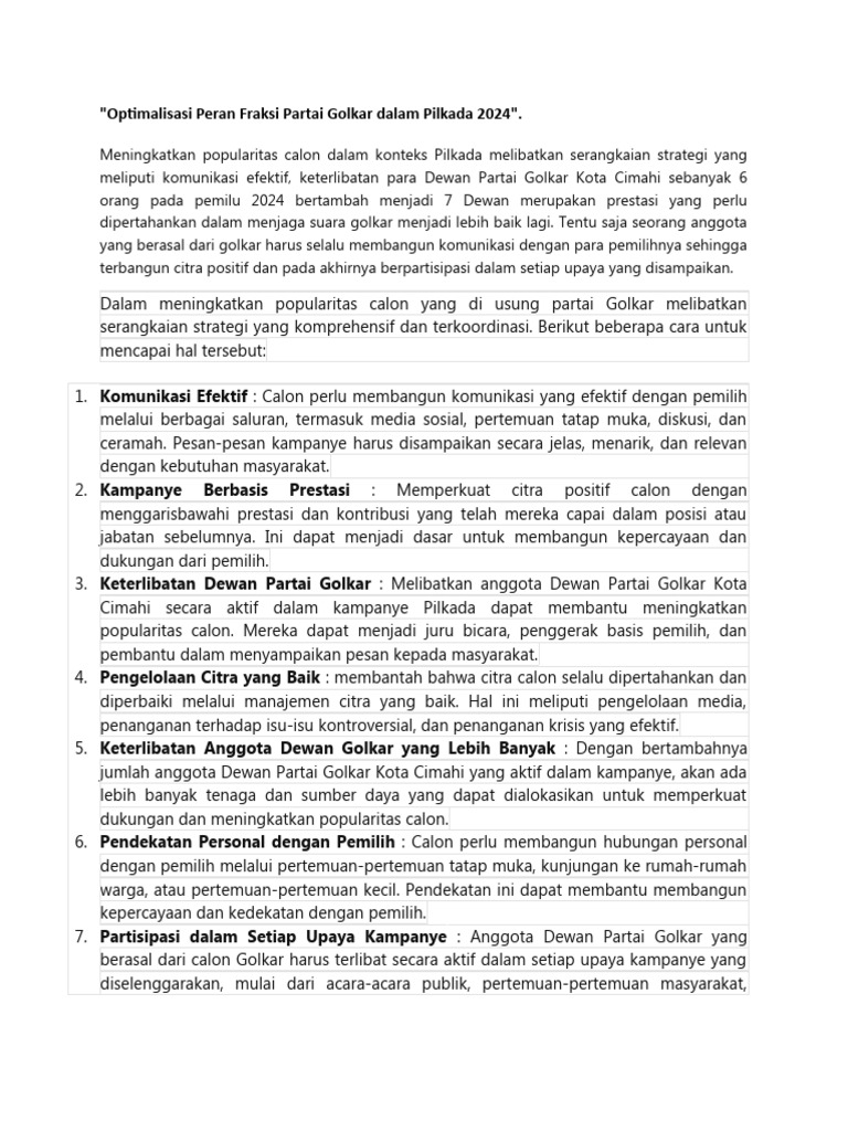Optimalisasi Peran Fraksi Partai Golkar Dalam Pilkada 2024 | PDF | Ilmu Sosial
