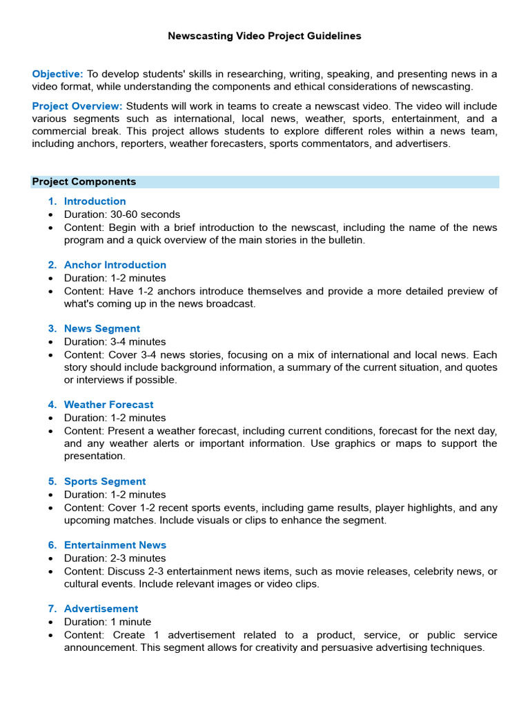 Guidelines for Newscasting Video Project | PDF | News Broadcasting | News