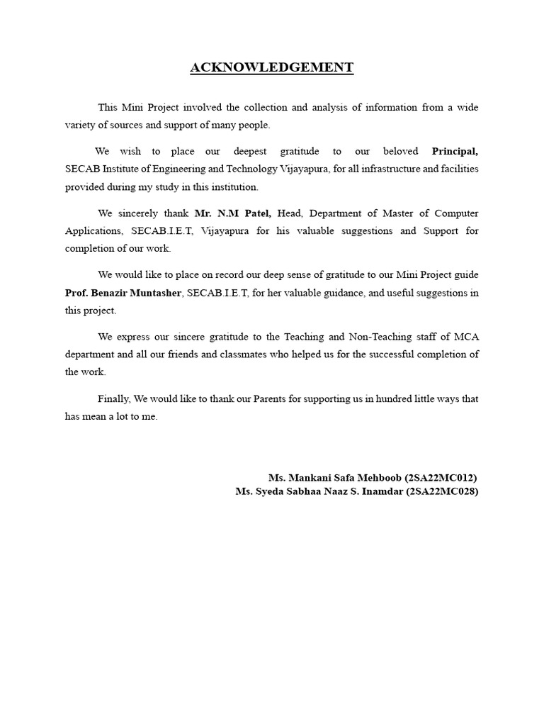 Acknowledgment for Mini Project Support | PDF | Computing | Engineering