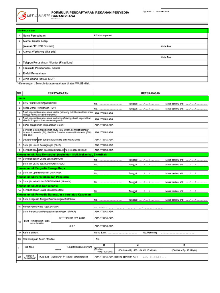 Formulir - Pendaftaran - Rekanan PT LRT Jakarta - Fin | PDF