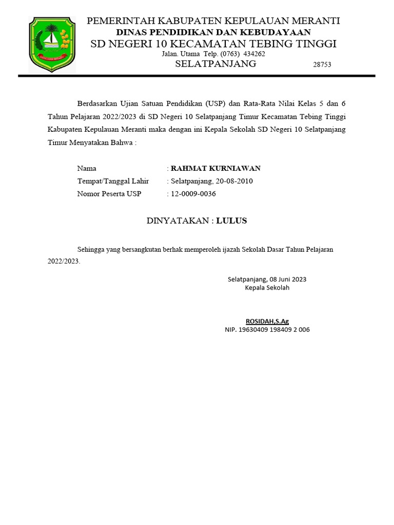 Surat Kelulusan Kls 6 | PDF