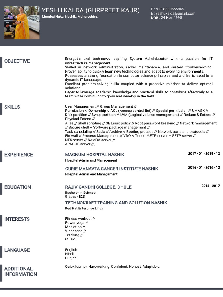 Yeshu Kalda Linux Resume | Download Free PDF | System Administrator | Linux