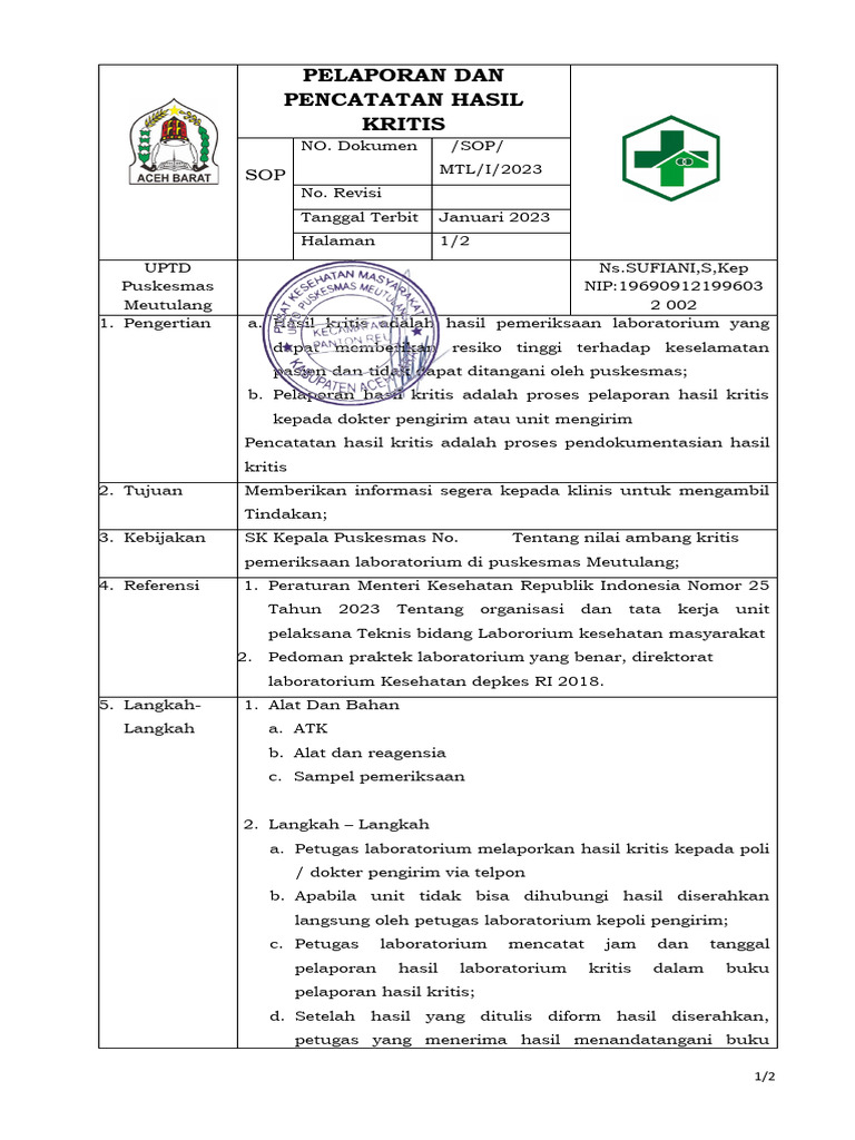 Prosedur Pelaporan Hasil Kritis Laboratorium | PDF
