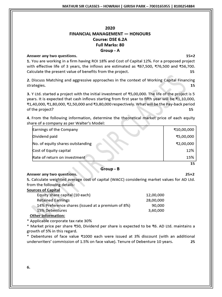 6TH Sem Previous Year Question Paper | Download Free PDF | Cost Of Capital | Dividend