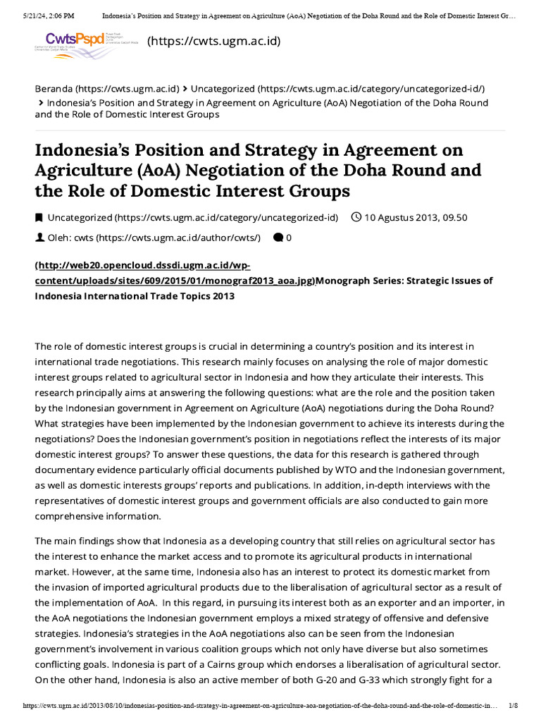 Indonesia'S Position and Strategy in Agreement On Agriculture (Aoa ...