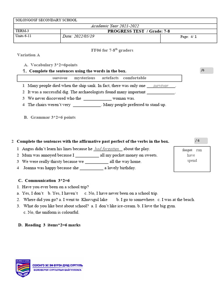 Grade 7-8 Progress Test | PDF | Internet