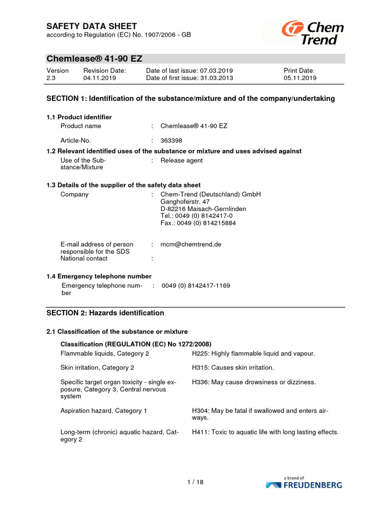 Chemlease Release Agent (41-90 EZ) | PDF | Toxicity | Occupational Safety And Health