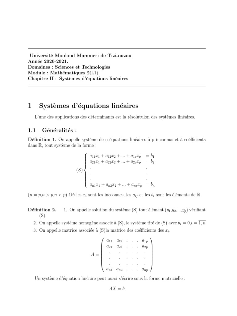 Résolution des systèmes d'équations linéaires | PDF | Mathématiques ...