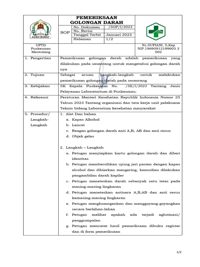 Sop Pemeriksaan Golongan Darah Pdf