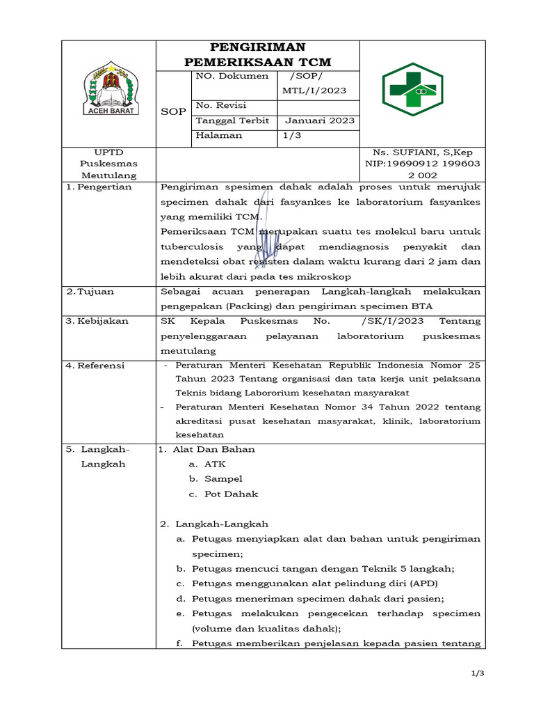 sop PENGIRIMAN PEMERIKSAAN TCM | PDF