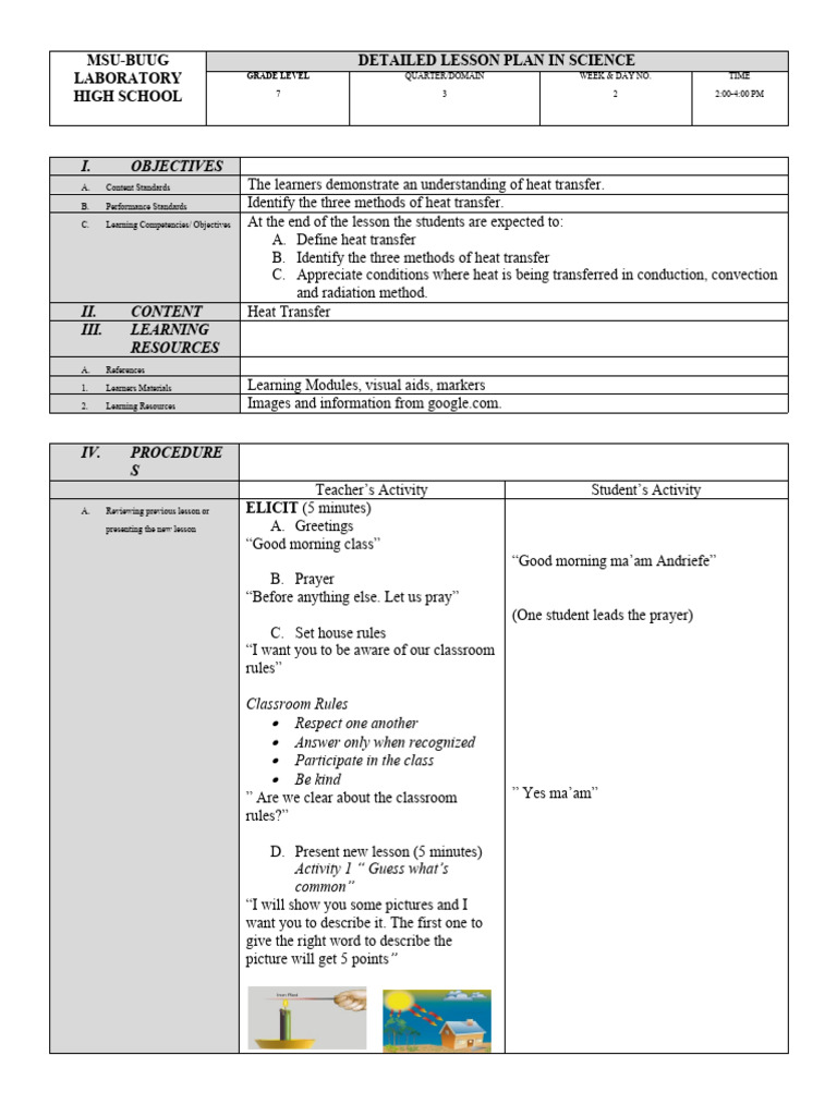 Lesson Plan On Heat Transfer | PDF | Heat Transfer | Thermal Conduction