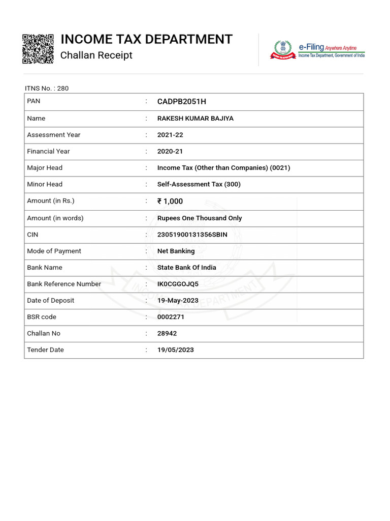 Income Tax Challan Receipt ITNS 280 | PDF | Taxes | Payments
