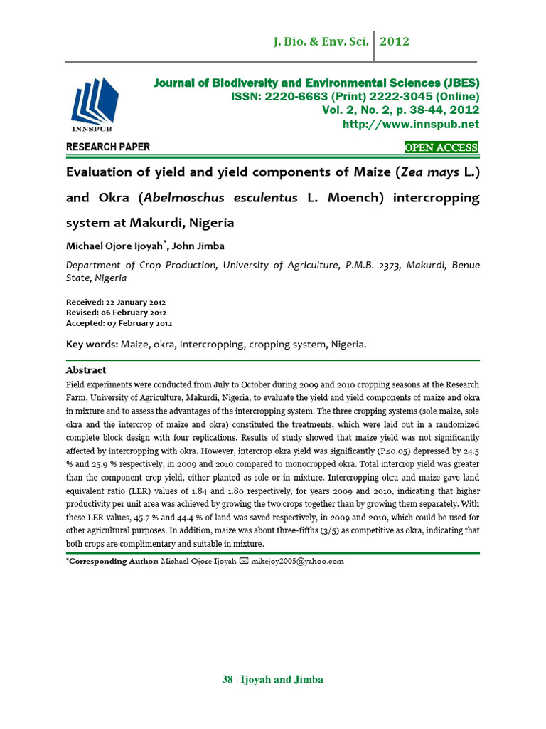 Evaluation of Yield and Yield Components of Maize (Zea Mays L.) and Okra (Abelmoschus Esculentus ...