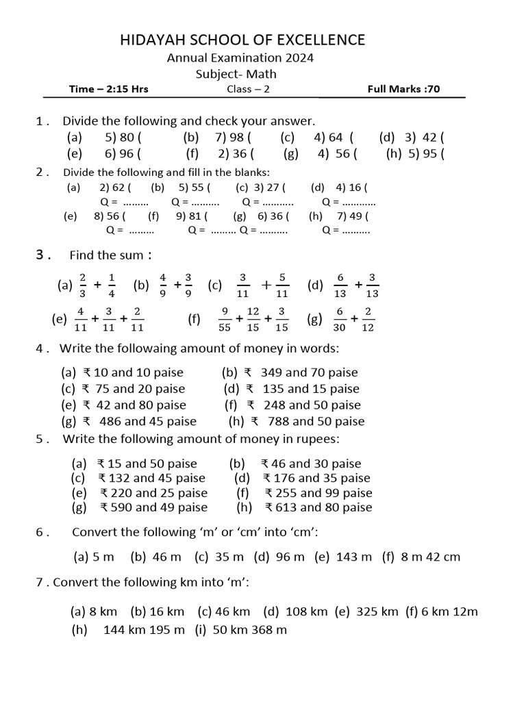 Hidayah School of Excellence Class 2 Math Question Paper PDF | PDF ...